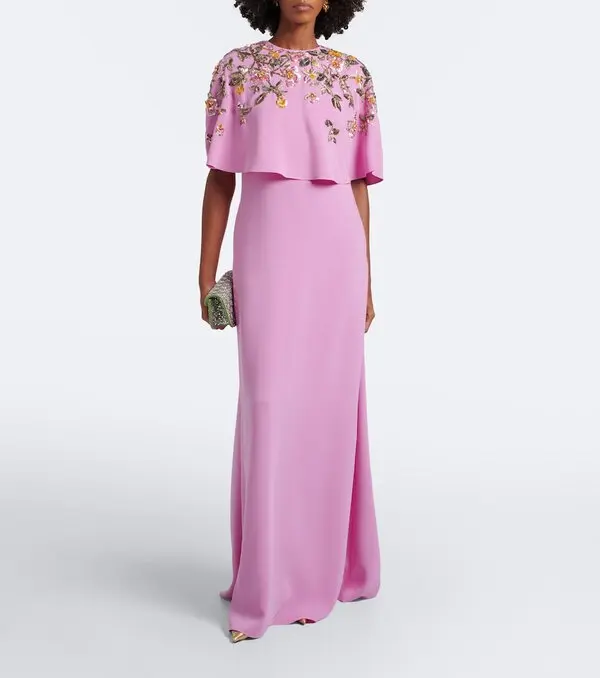 Oscar De La Renta Caped Floral Silk-blend Georgette Gown