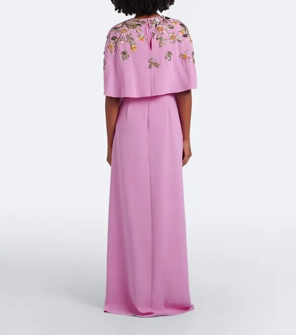 Oscar De La Renta Caped Floral Silk-blend Georgette Gown