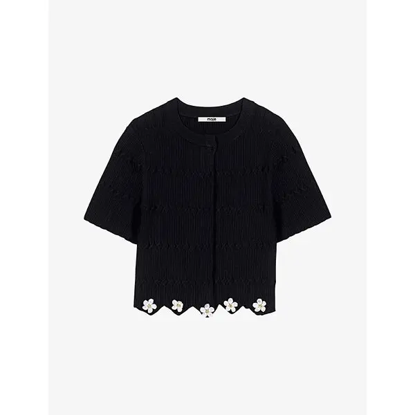 Maje Cropped Jewelled-button Knitted Cardigan - Black