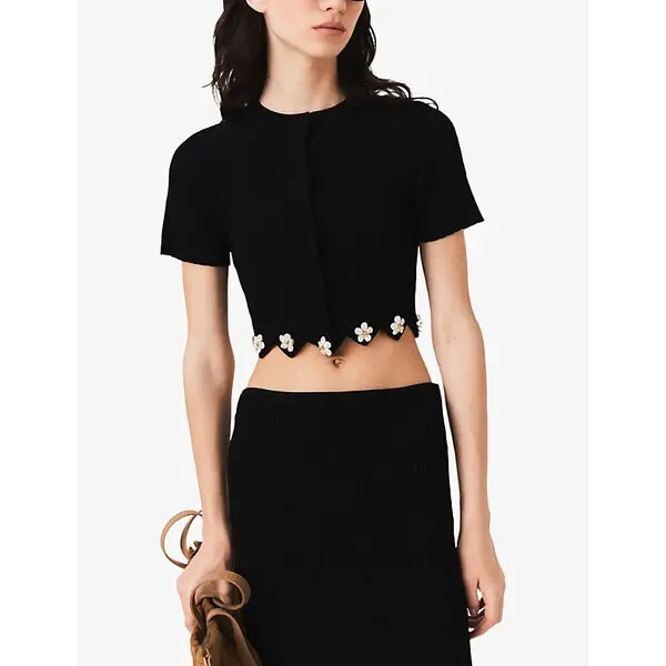 Maje Cropped Jewelled-button Knitted Cardigan