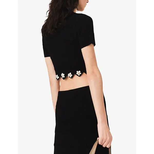Maje Cropped Jewelled-button Knitted Cardigan