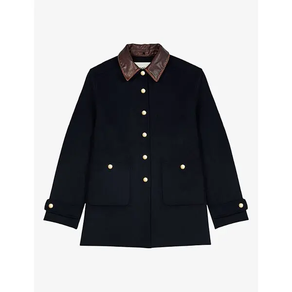Maje Leather-collar Double-faced Wool-blend Coat - Navy