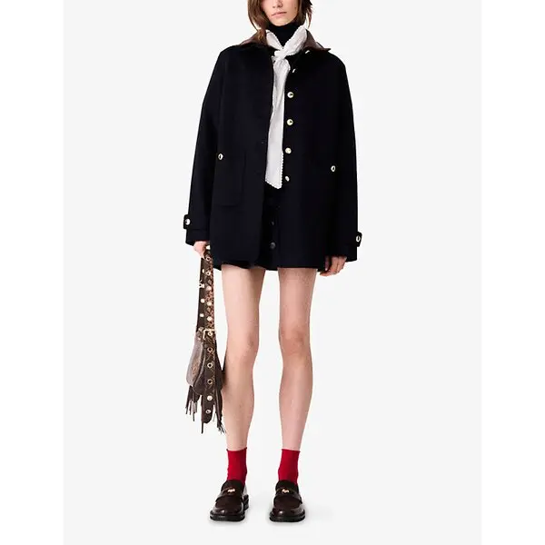 Maje Leather-collar Double-faced Wool-blend Coat