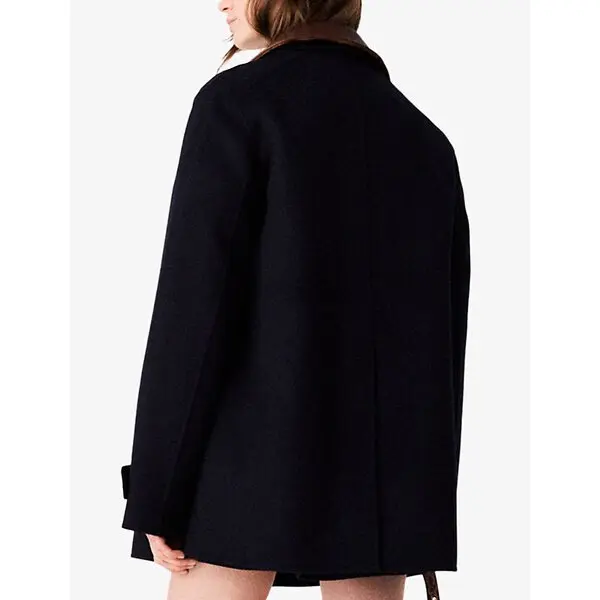 Maje Leather-collar Double-faced Wool-blend Coat
