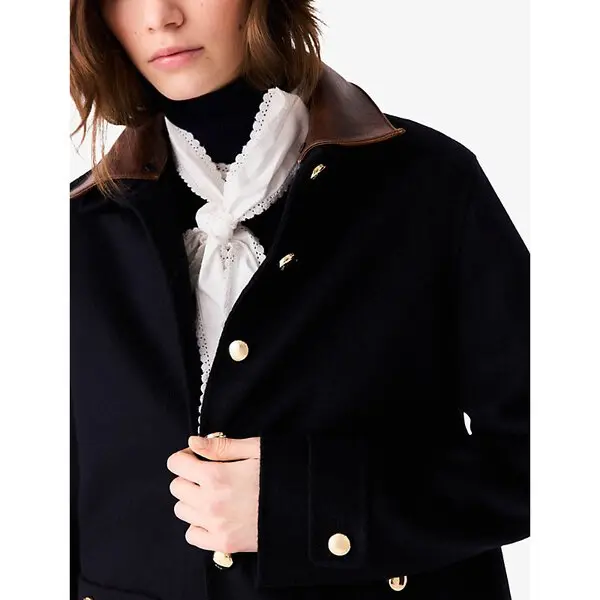 Maje Leather-collar Double-faced Wool-blend Coat