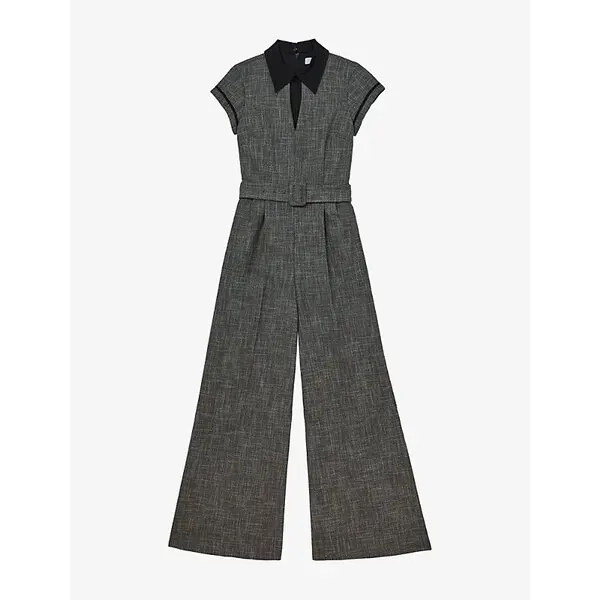 REISS Bella Collared Wide-leg Belted Woven Jumpsuit - Grey