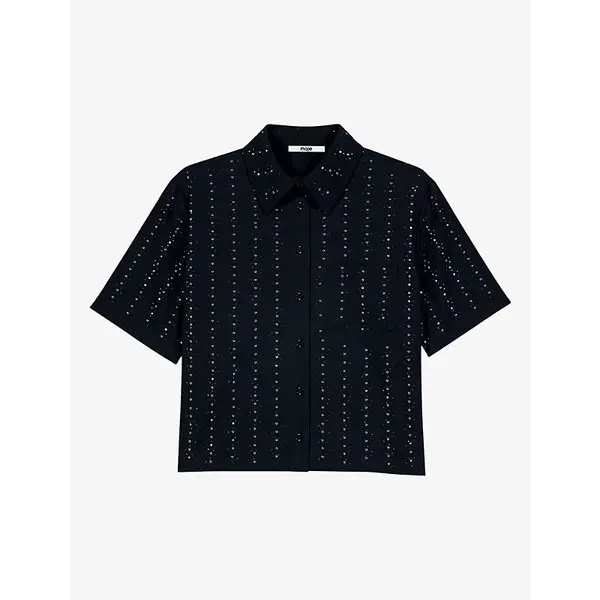 Maje Rhinestone-embellished Short-sleeve Stretch Cotton-blend Shirt - Navy