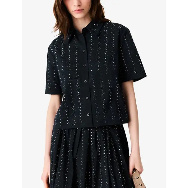 Maje Rhinestone-embellished Short-sleeve Stretch Cotton-blend Shirt