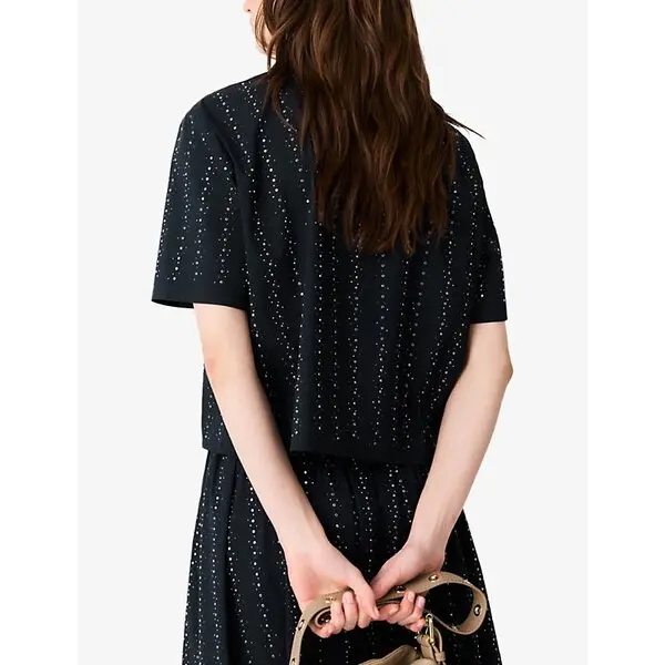 Maje Rhinestone-embellished Short-sleeve Stretch Cotton-blend Shirt