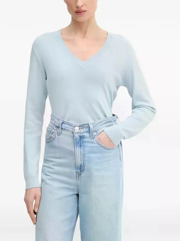 BENETTON V-neck Ribbed Knit Long Sleeve Sweater - Blue