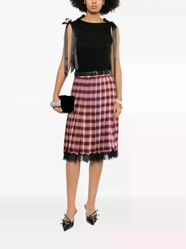 SELF-PORTRAIT Pleated Lace-trim Skirt - Red