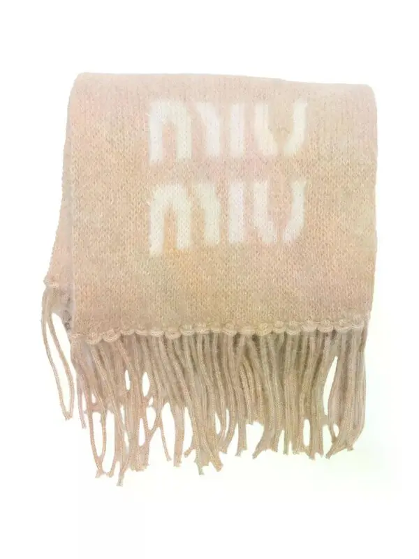 Miu Miu Logo-intarsia Fringed Scarf - Neutrals