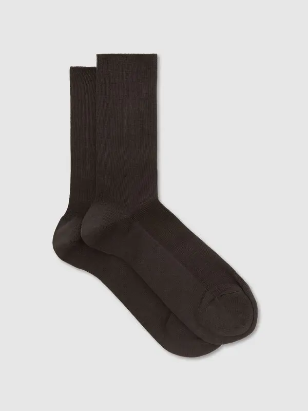 REISS Wool-cotton Fine-rib Socks - Chocolate