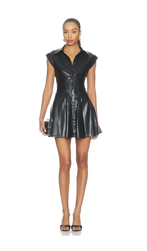 Alice + Olivia Kim Faux Leather Paneled Corset Flared Mini Shirt Dress In . Also - Black