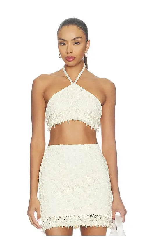 PatBO Mesh Halter Top With Pearl Embellishments - Ivory