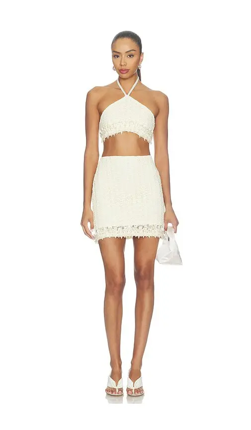 PatBO Mesh Halter Top With Pearl Embellishments