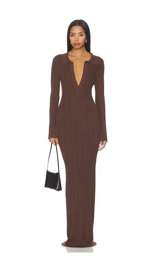 AEXAE Ribbed Knit Maxi Dress With Plunge Neckline - Chocolate
