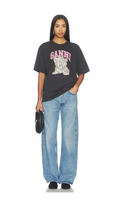 GANNI Heavy Cotton Jersey Tiger Caviar Tee In . Also