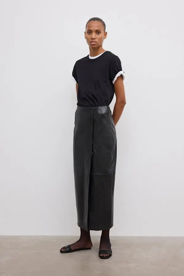 HOUSE OF DAGMAR Leather Button Detailed Midi Skirt