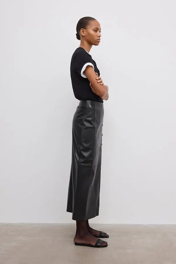 HOUSE OF DAGMAR Leather Button Detailed Midi Skirt