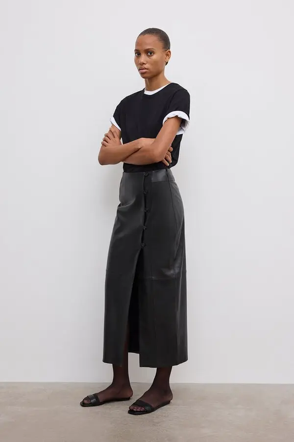 HOUSE OF DAGMAR Leather Button Detailed Midi Skirt