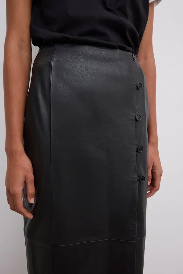 HOUSE OF DAGMAR Leather Button Detailed Midi Skirt