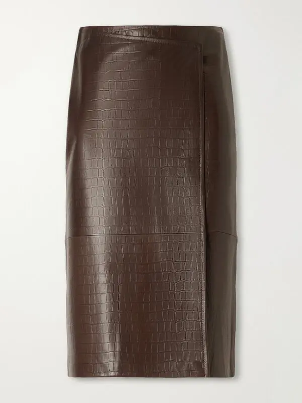 Nour Hammour Origami Croc-effect Leather Midi Wrap Skirt - Brown