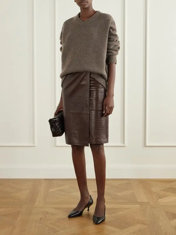 Nour Hammour Origami Croc-effect Leather Midi Wrap Skirt