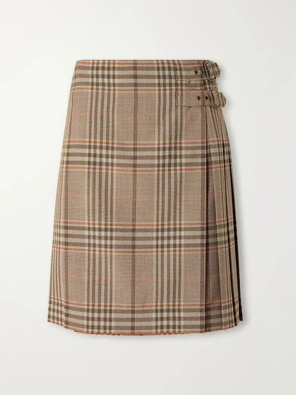 Burberry Pleated Checked Wool Mini Skirt - Neutrals