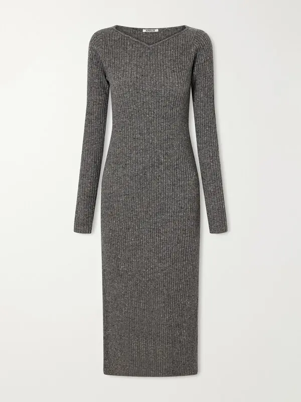 Auralee Ribbed Cashmere Midi Dress - Gray