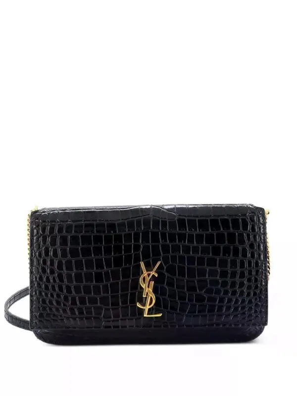 Saint Laurent Monogram Crocodile Embossed Leather Shoulder Bag - Black