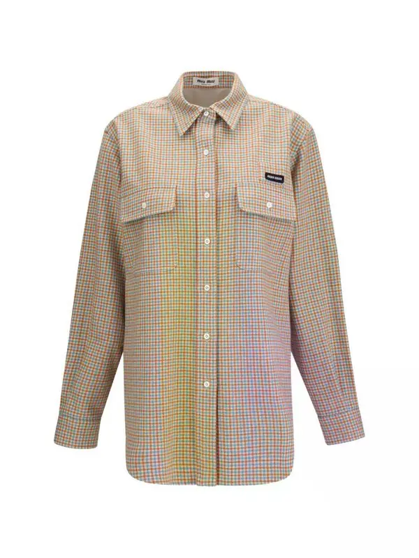 Miu Miu Houndstooth Pattern Logo Patch Shirt - Orange