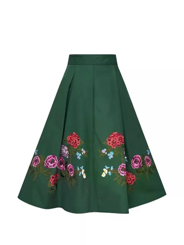 Carolina Herrera Floral-embroidered Pleated Skirt - Green