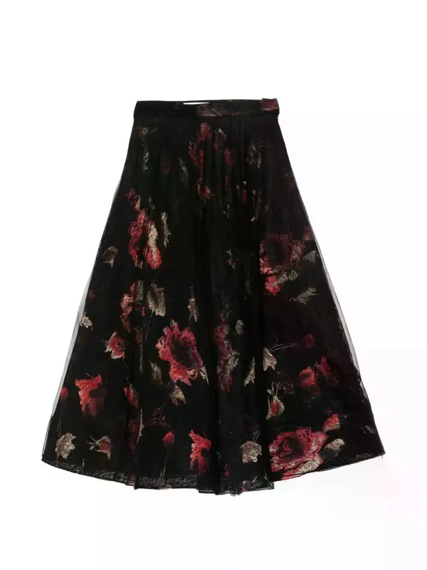 QUETSCHE Floral Lace Tulle Overlay Midi Skirt - Black