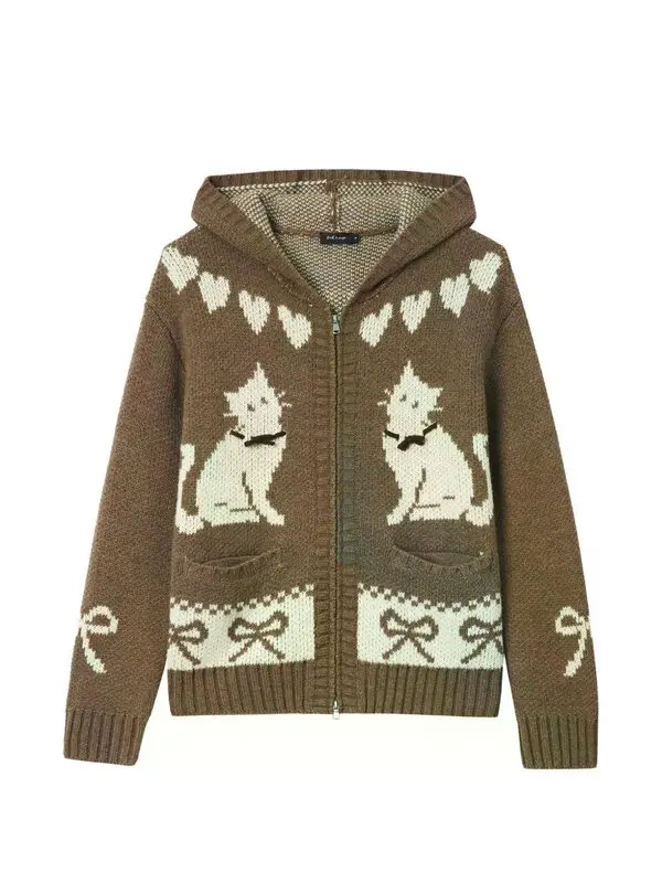 TOUT A COUP Intarsia-knit Cat-motif Cardigan