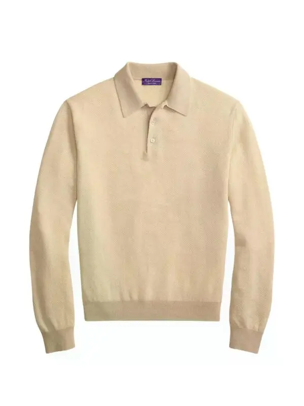 Ralph Lauren Purple Label Champagne Beige Herringbone Knit Polo Collar Sweater