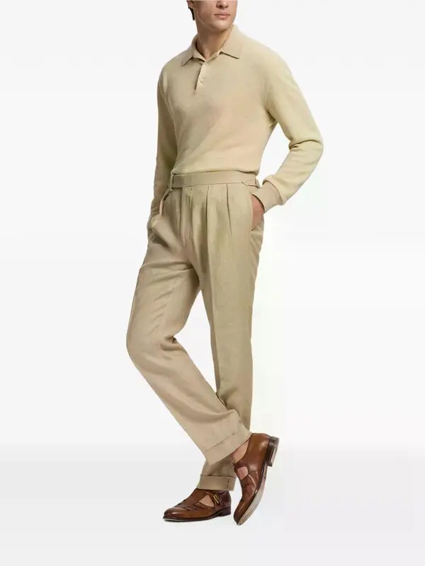 Ralph Lauren Purple Label Champagne Beige Herringbone Knit Polo Collar Sweater