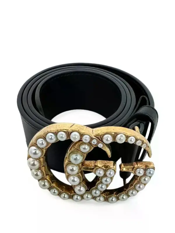 Gucci Faux-pearl Embellished Gg Marmont Belt - Black