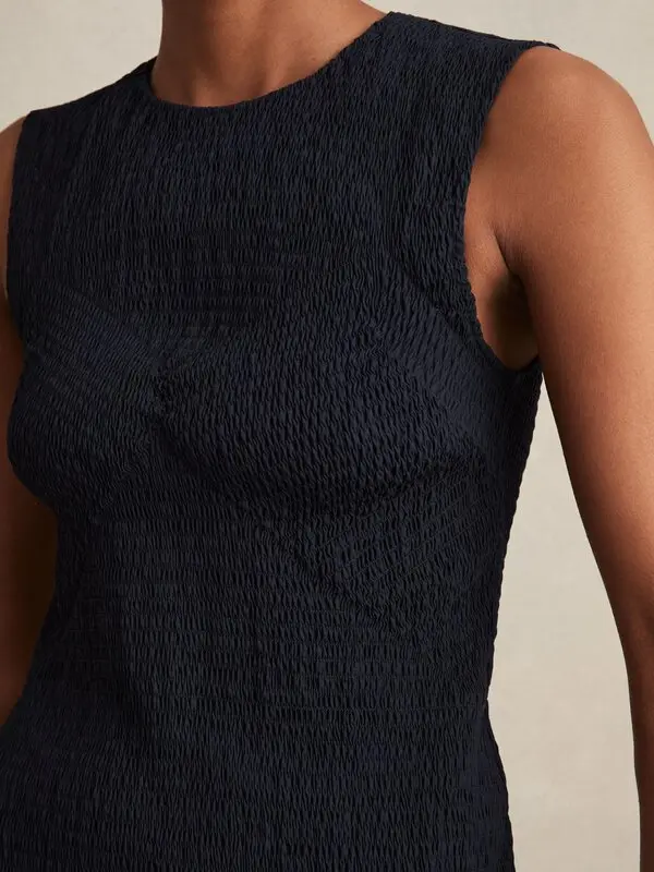REISS Blue Cotton Shirred Bubble-hem Mini Dress