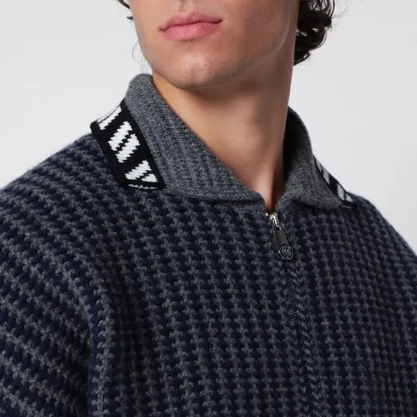 Versace Wool Zip-up Cardigan With Geometric Intarsia