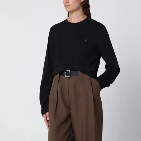 AMI Paris Cotton Sweater With Embroidered De Coeur Detail - Black