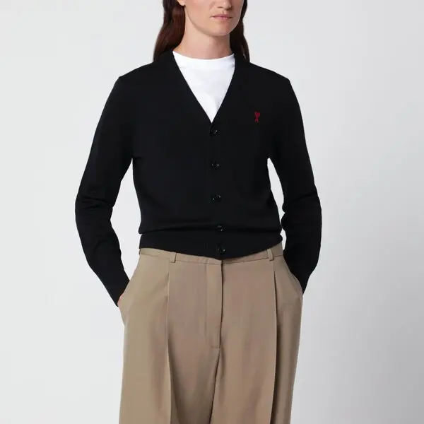 AMI Paris Wool Cardigan With De Coeur Embroidery