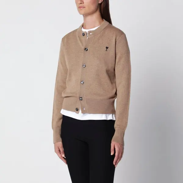 AMI Paris Camel Merino Wool De Cœur Cardigan