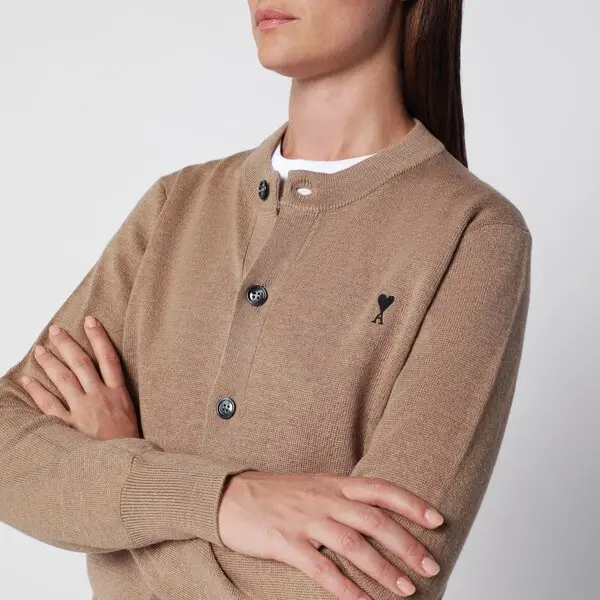 AMI Paris Camel Merino Wool De Cœur Cardigan