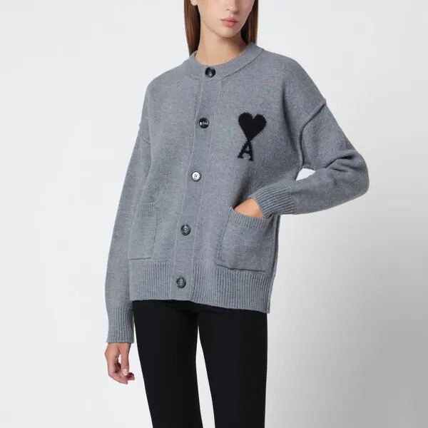 AMI Paris Wool Cardigan With Embroidered De Cœur - Grey