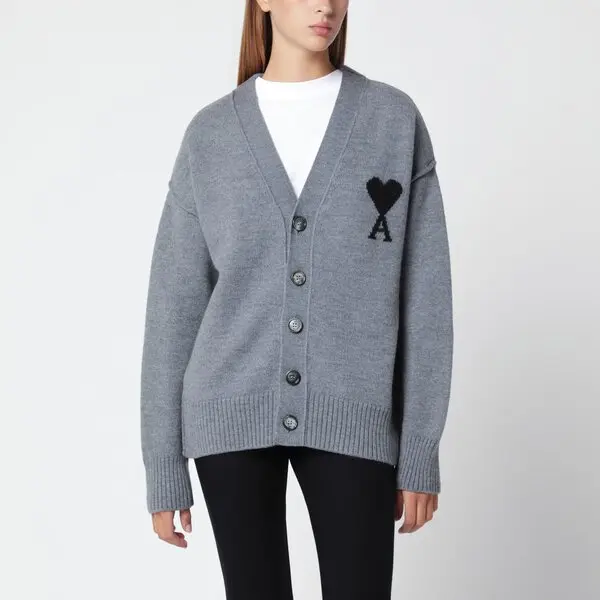 AMI Paris Wool Cardigan With Embroidered De Cœur - Grey