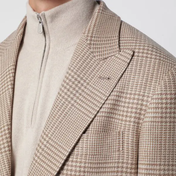 Brunello Cucinelli Camel Prince Of Wales Check Single-breasted Jacket