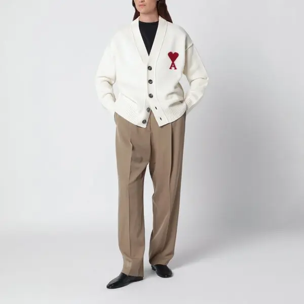 AMI Paris De Coeur Merino Wool Cardigan - White