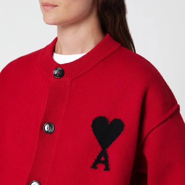 AMI Paris Ruby De Coeur Merino Wool Cardigan - Red