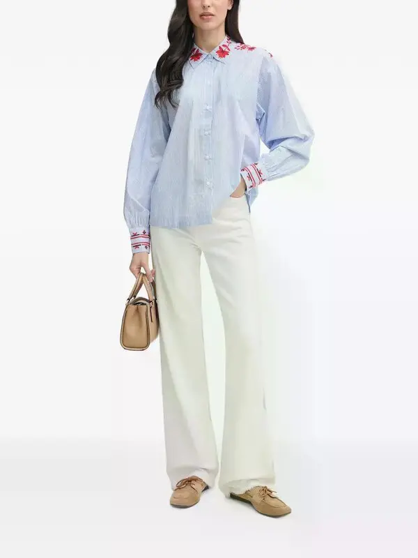 MOS MOSH Floral-embroidered Striped Shirt - Blue